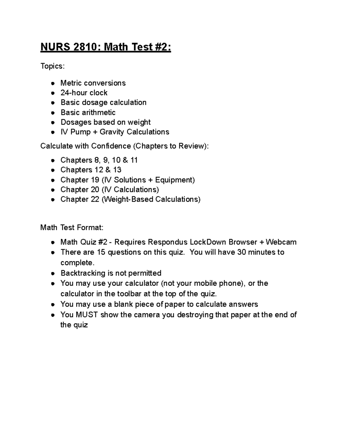 NURS 2810: Math Test #2 Review - Key Topics & Format - Studocu