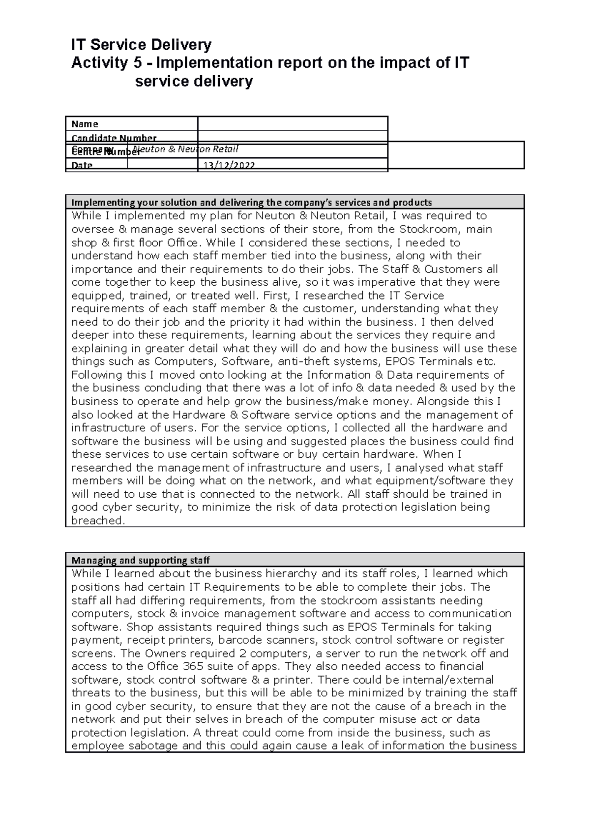 IT Service Delivery Impact Report - Task 5 Distinction 2020 - Studocu