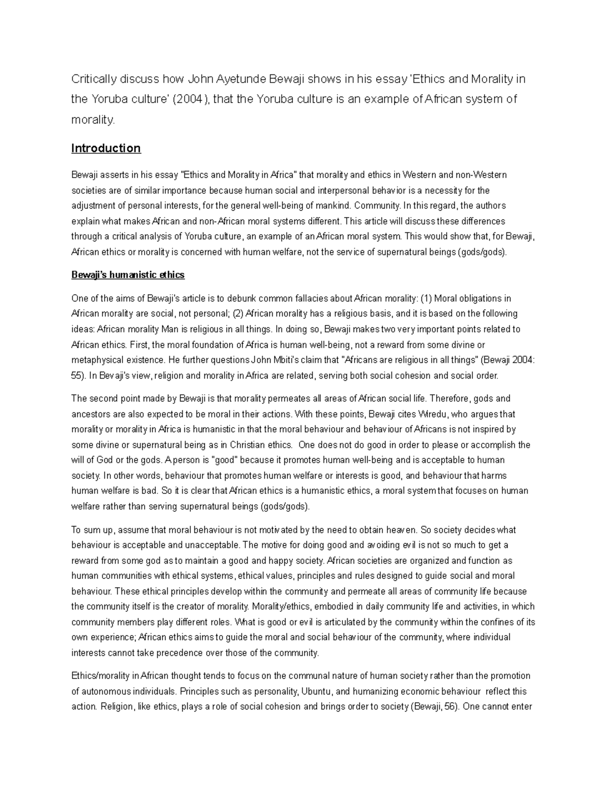 PLS1502 Essay: Ethics and Morality in Yoruba Culture by Bewaji - Studocu