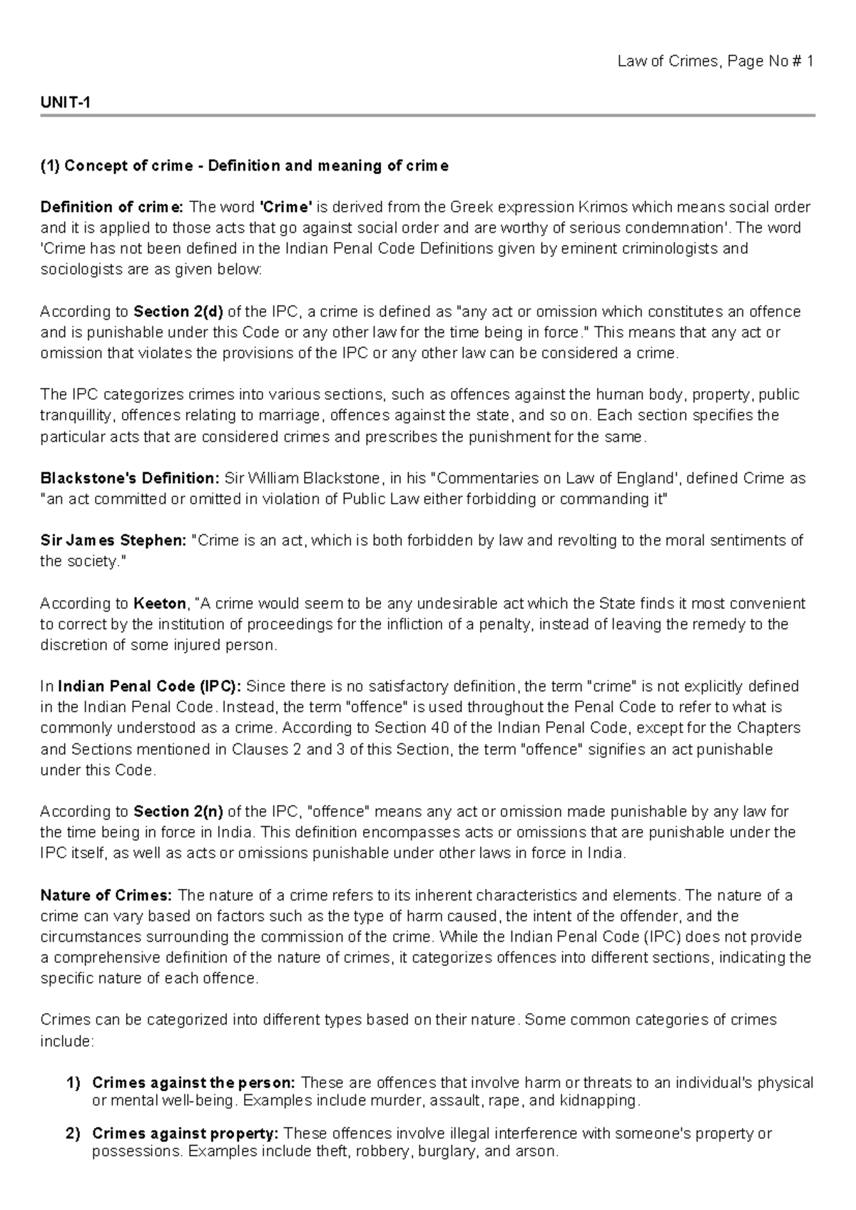 Law of Crimes (IPC) - Concepts, Definitions, and Classifications - Studocu