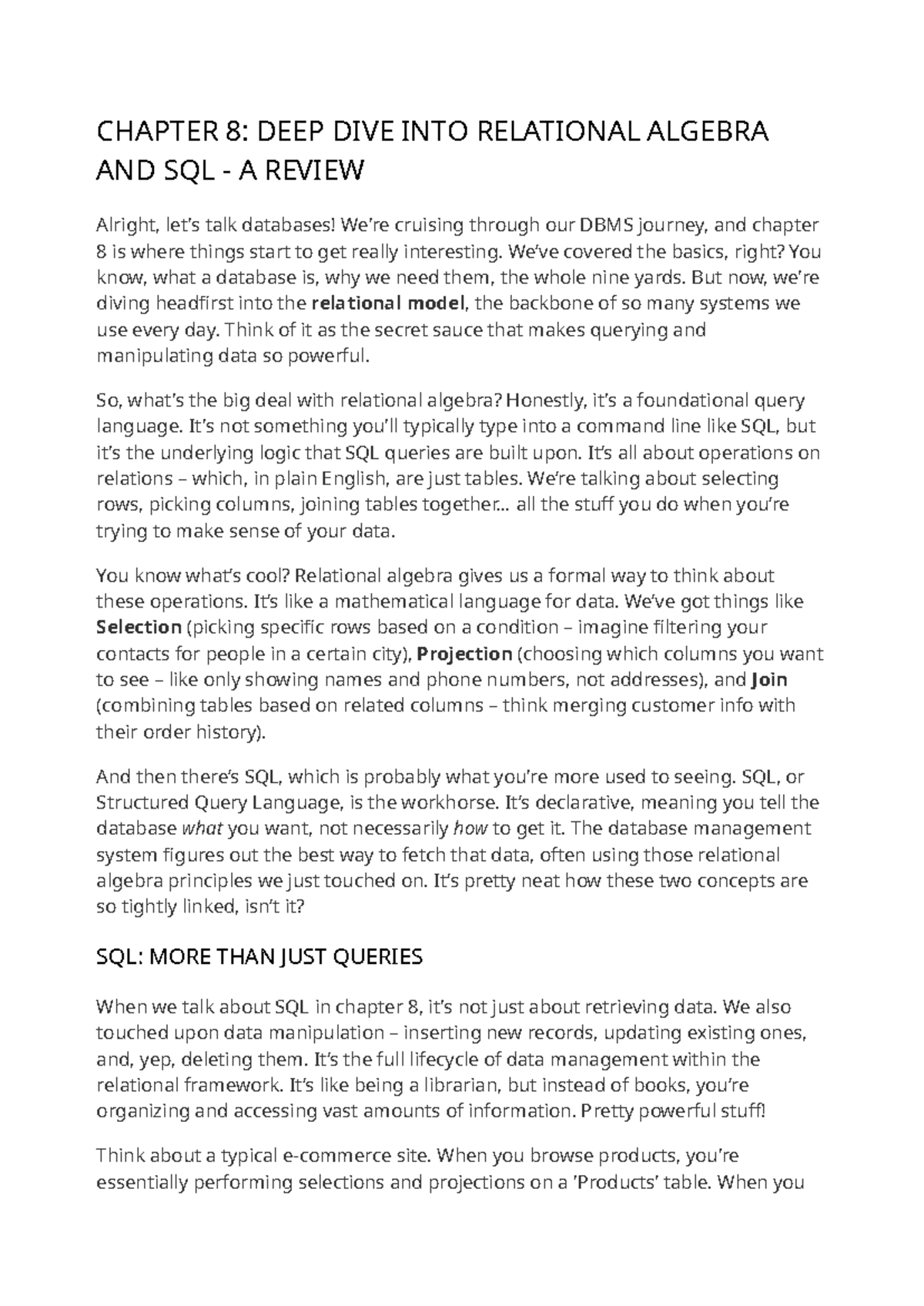 DBMS 101: Chapter 8 Review on Relational Algebra & SQL - Studocu