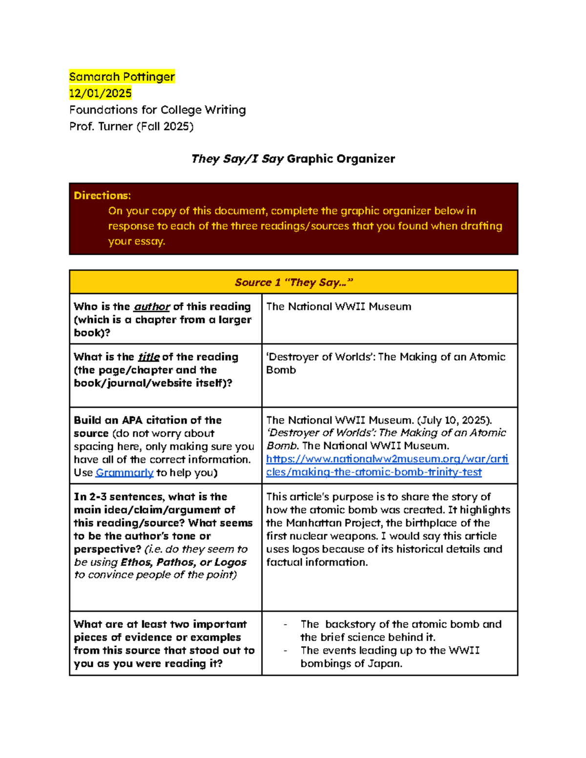 They Say, I Say Graphic Organizer for Argumentative Essay (ENG 101 ...