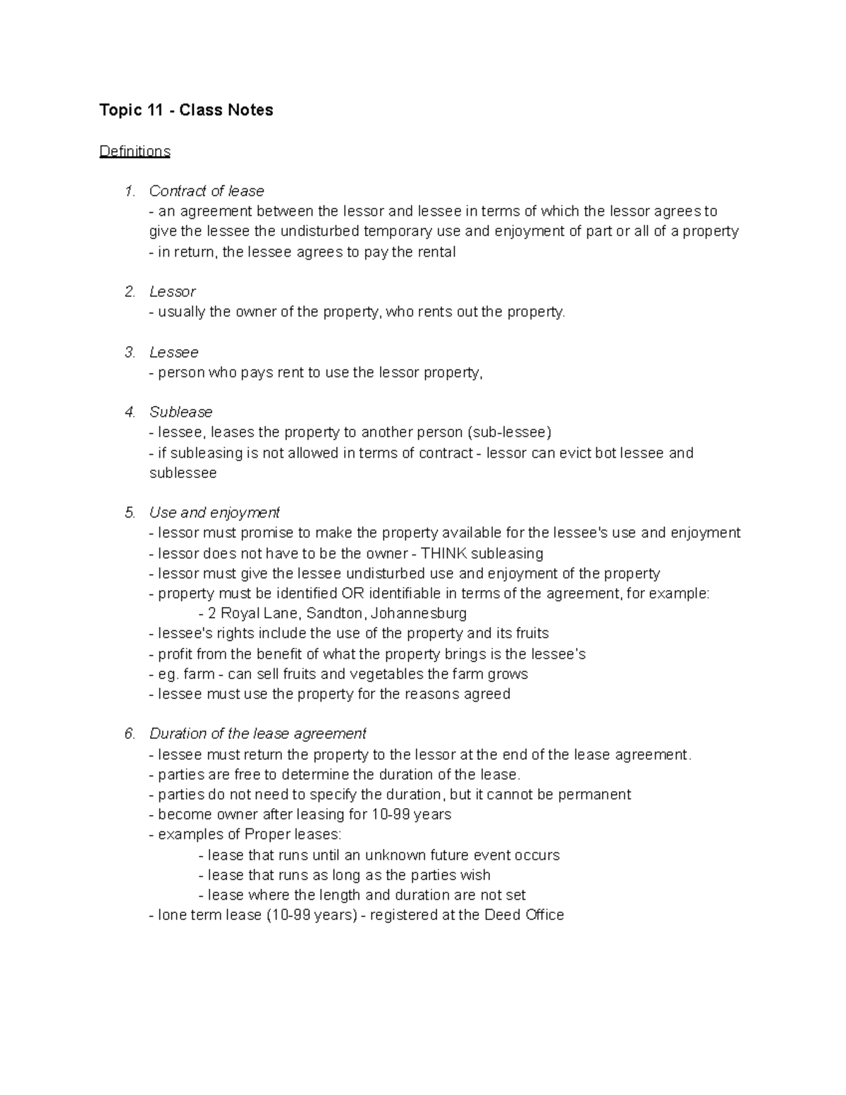 Topic 11 - Class Notes on Lease Agreements (CL) - Studocu