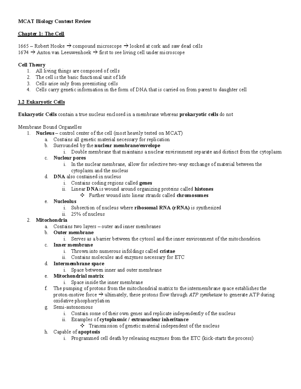MCAT Biology Content Review: Chapter 1 - The Cell Overview - Studocu