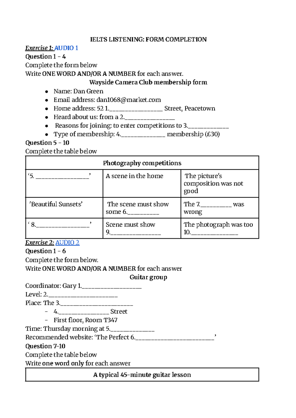 IELTS Listening: Form Completion Exercises and Notes - Studocu