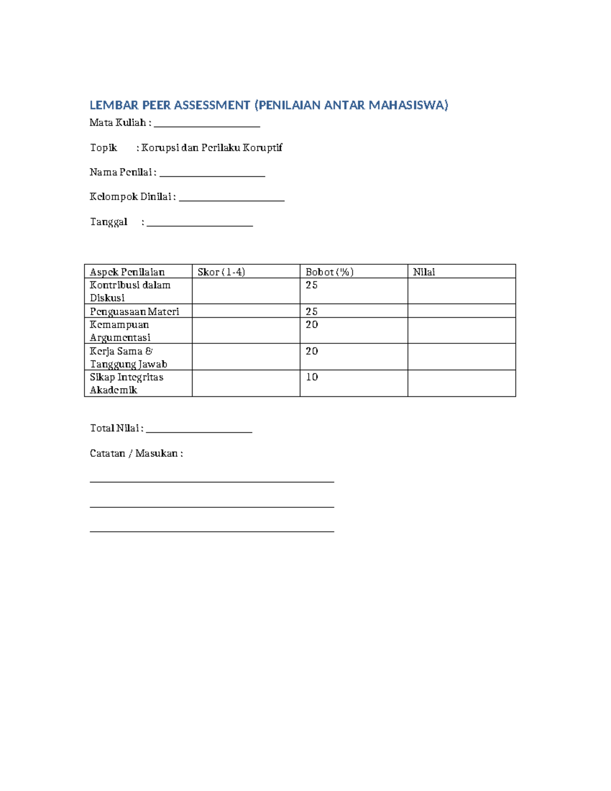 Lembar Peer Assessment - LEMBAR PEER ASSESSMENT (PENILAIAN ANTAR ...