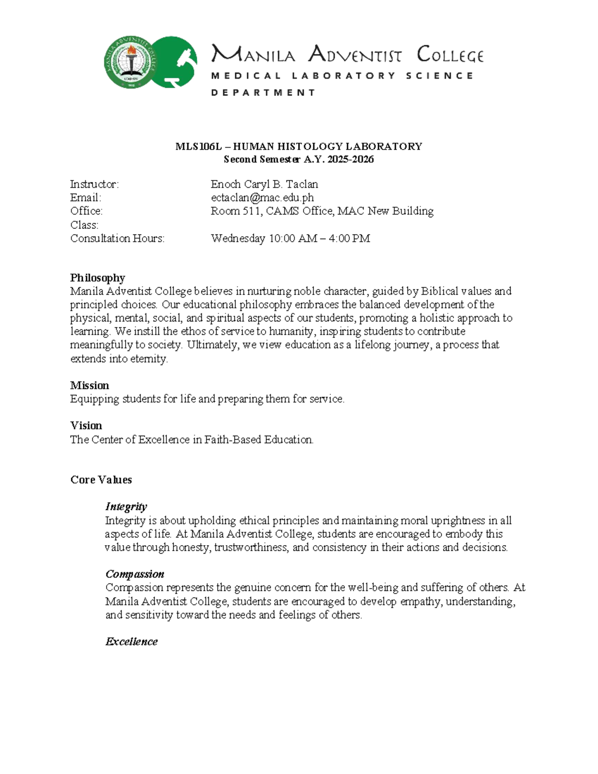 MLS106L Human Histology Laboratory Syllabus - Second Semester A.Y ...