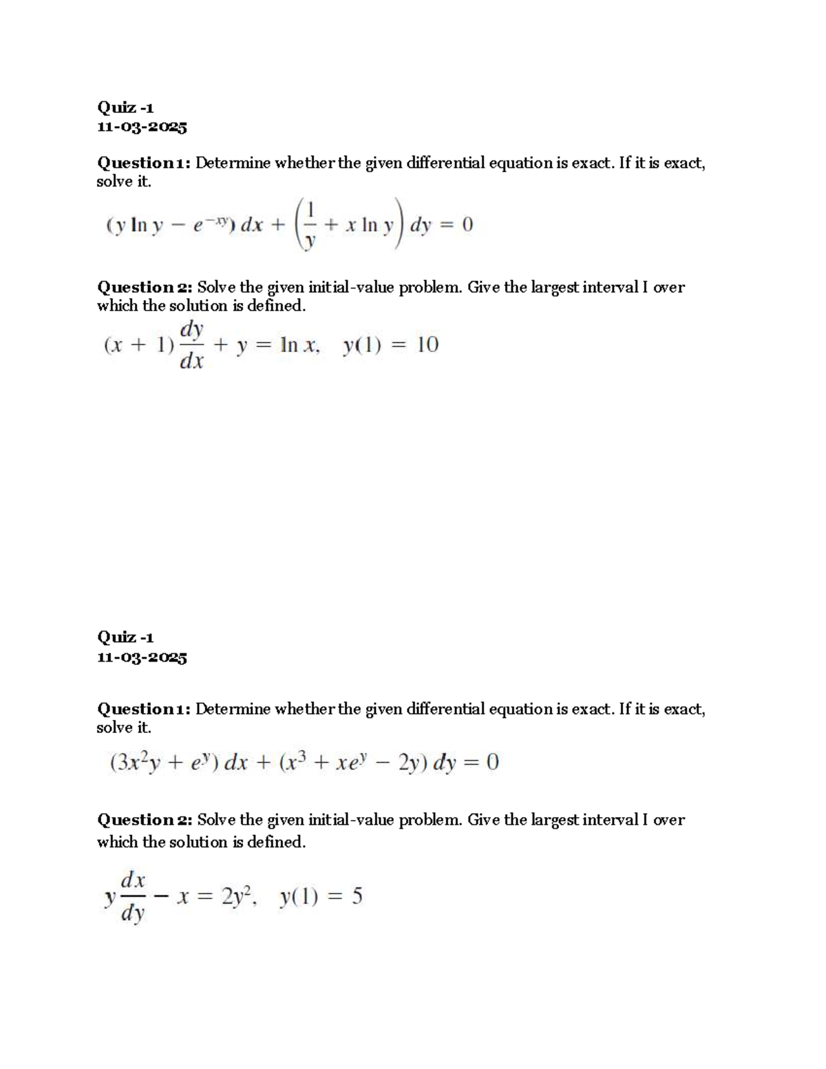 Quiz-1: Differential Equations and Solution Intervals - Studocu