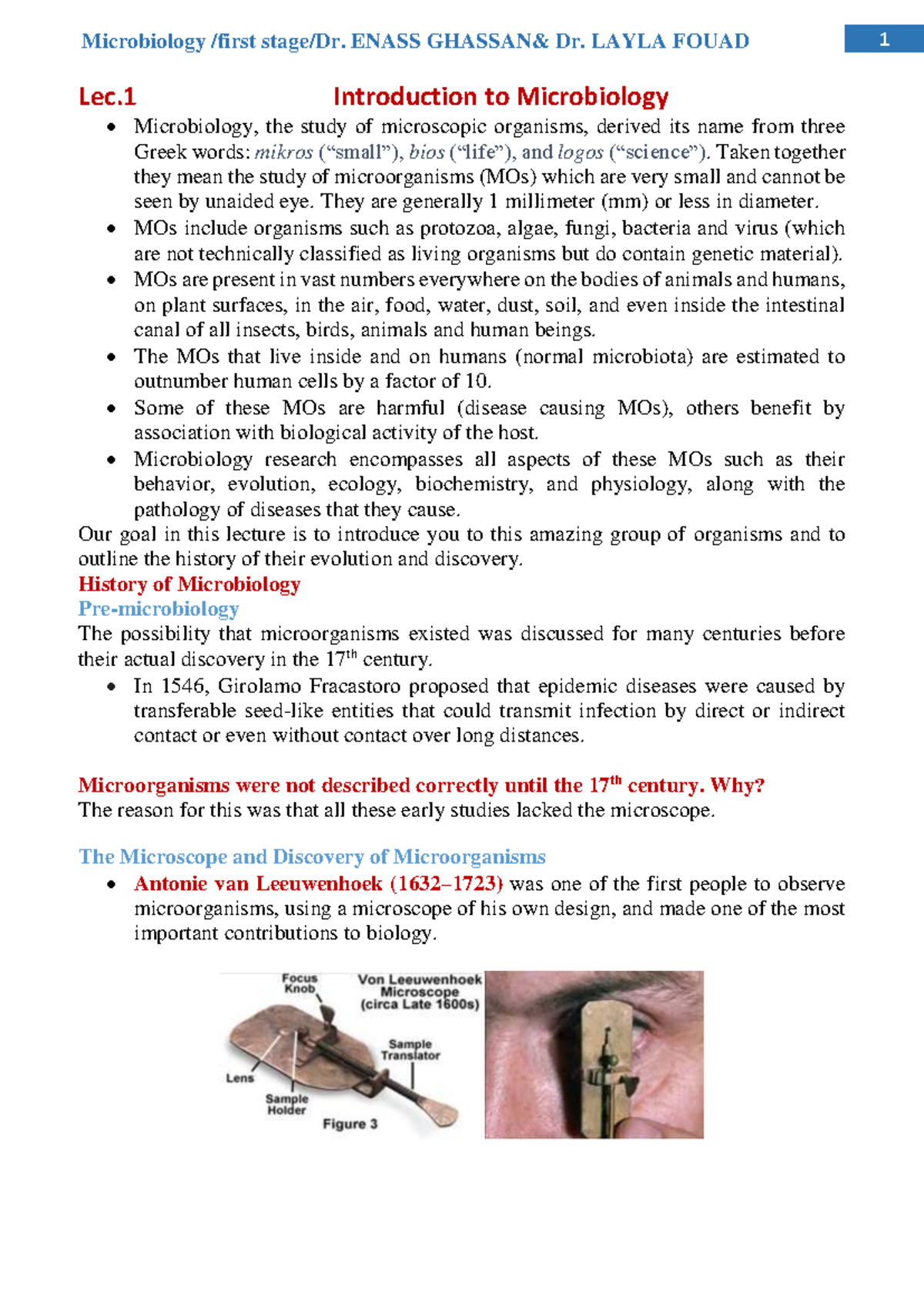 Microbiology ENASS Dr. LAYLA FOUAD Lec.1: Intro to Microorganisms and ...