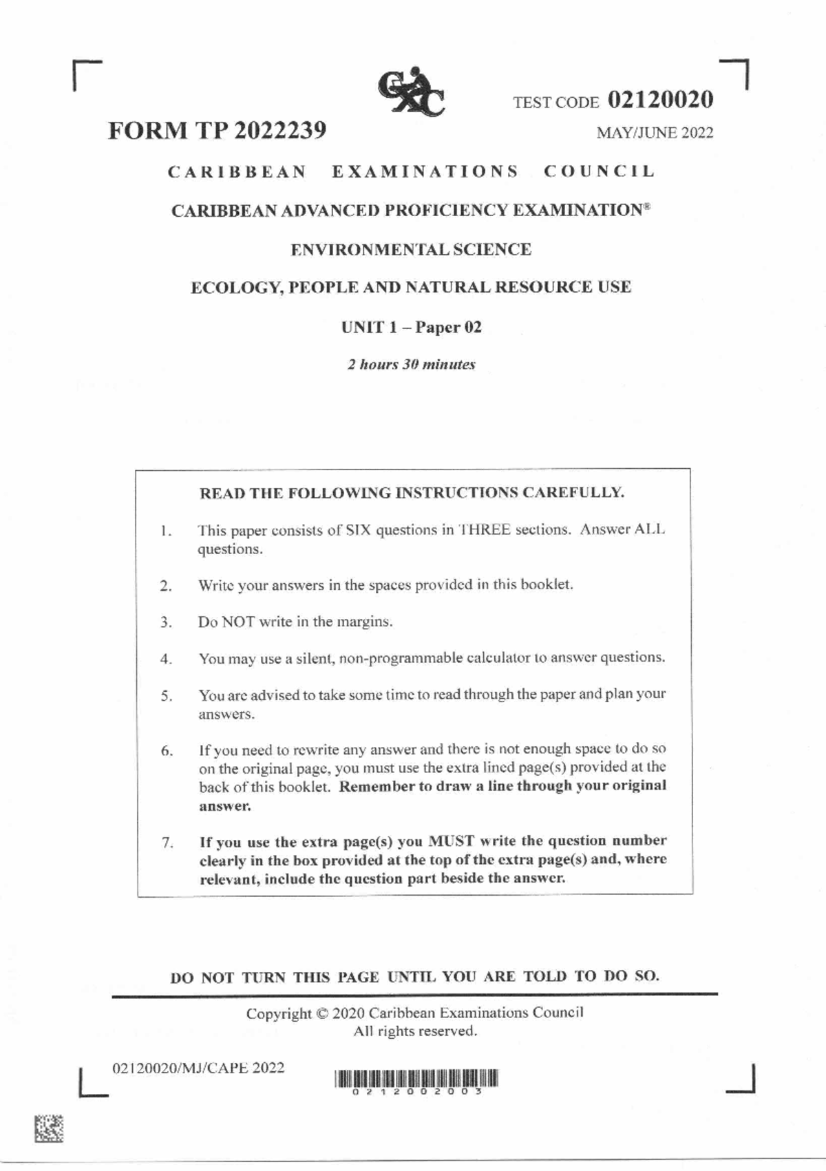 Env Science 2022 U1 P2 - TEST CODE 02120020 FORM TP 2022 CARIBBEAN ...
