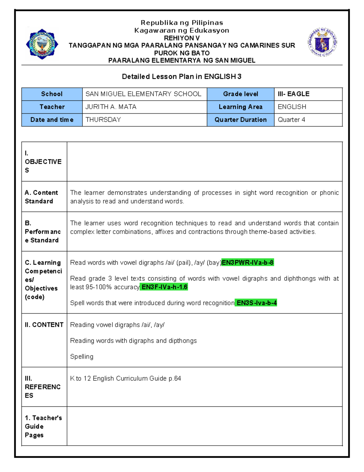 Detailed Lesson Plan for English 3: Vowel Digraphs Focus - Studocu