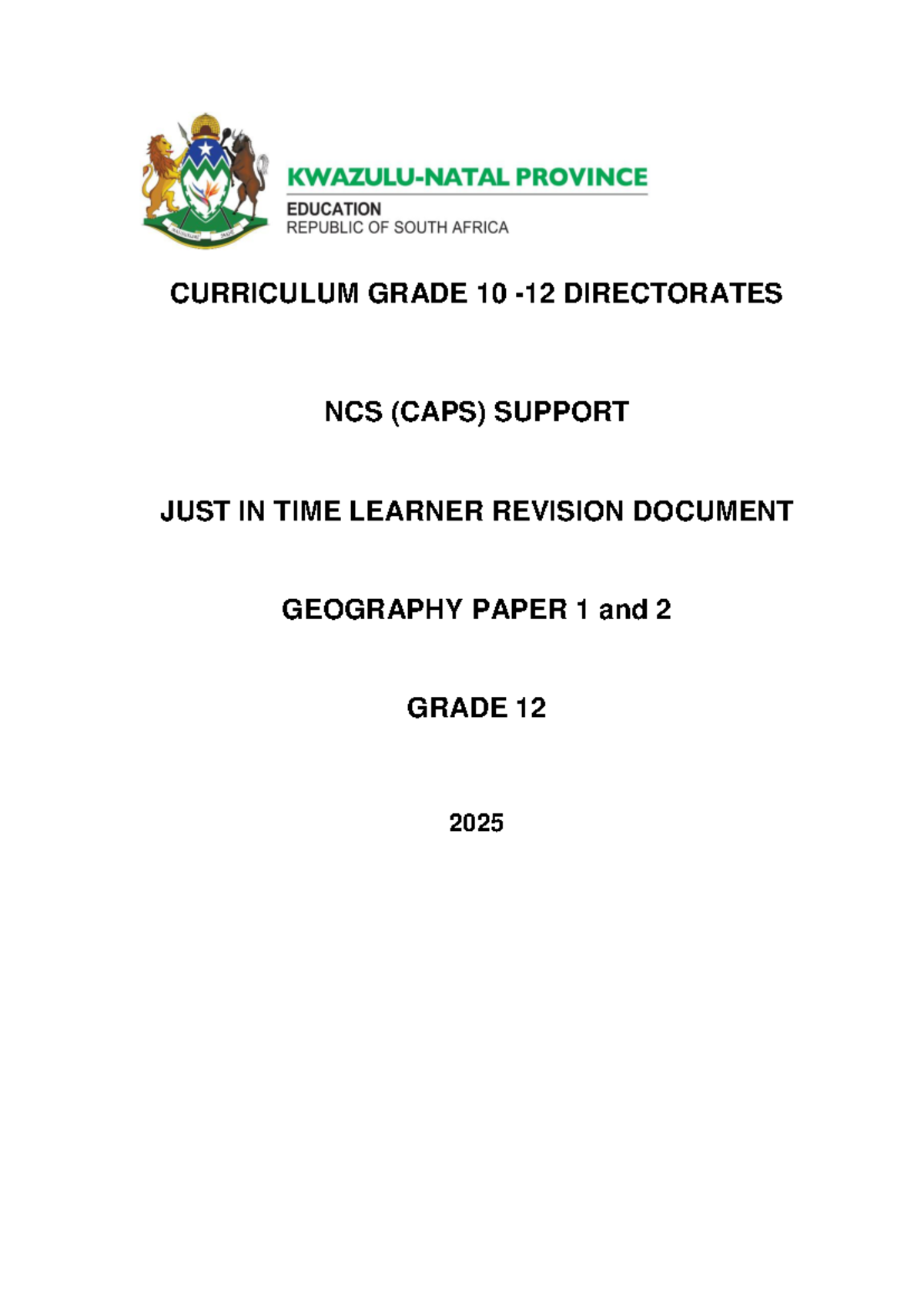 Last Push 2025 Geography Final Learner Revision Document - Studocu