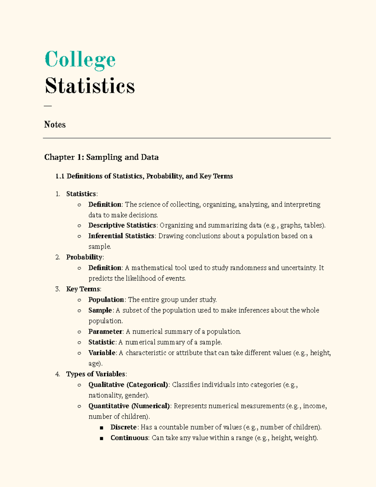 College Statistics (STAT101): Key Concepts & Probability Rules Notes ...