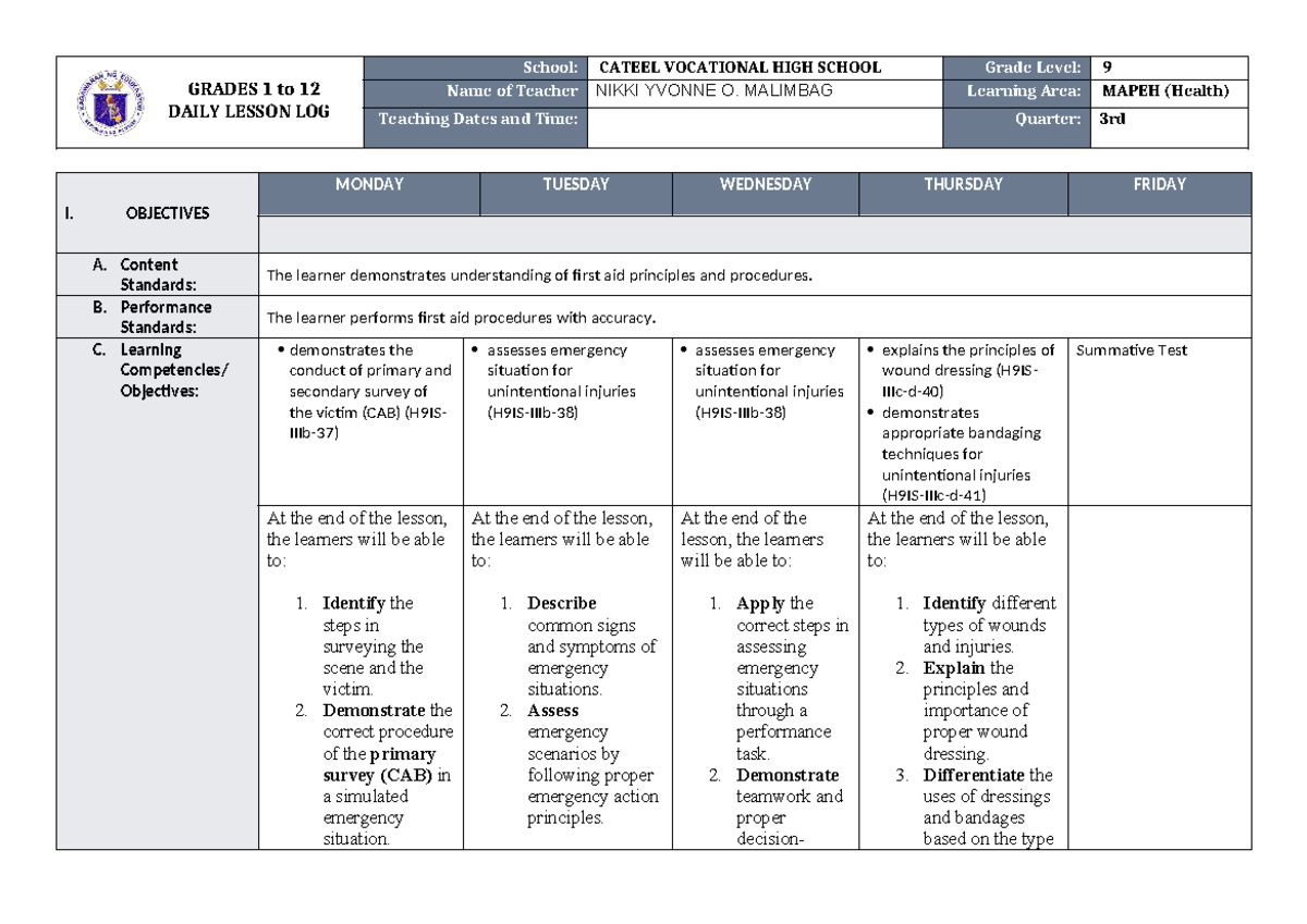 DLL MAPEH Health 9 - Daily Lesson Log for Quarter 3, Week 1 - Studocu