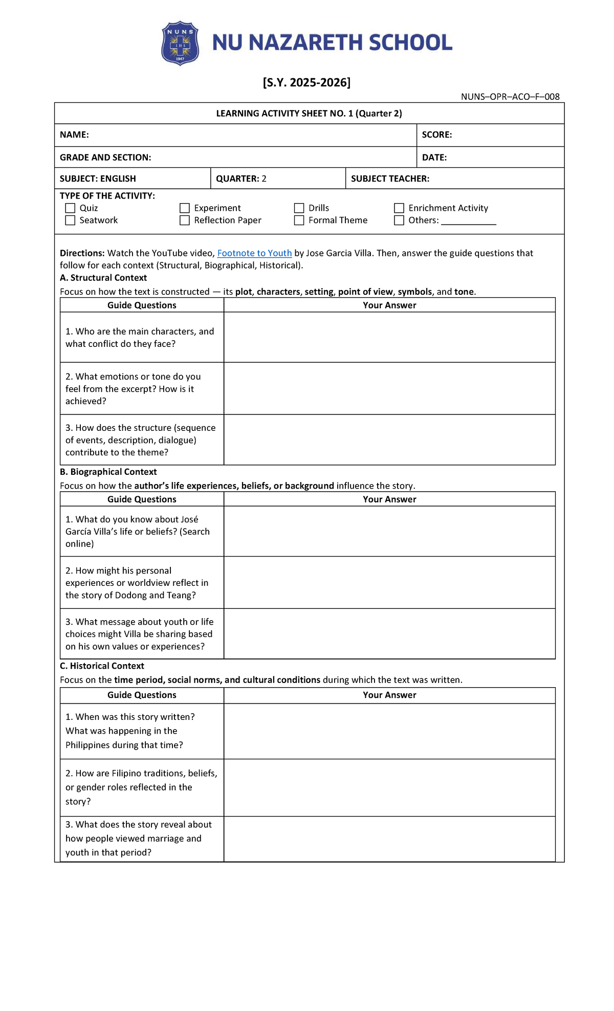 ENGLISH QUIZ: REFLECTION ON "FOOTNOTE TO YOUTH" (Q2) - Studocu