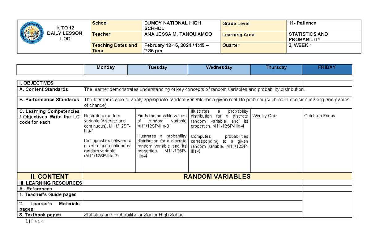 STAT 3rd Quarter Week 1 Daily Lesson Log on Random Variables - Studocu