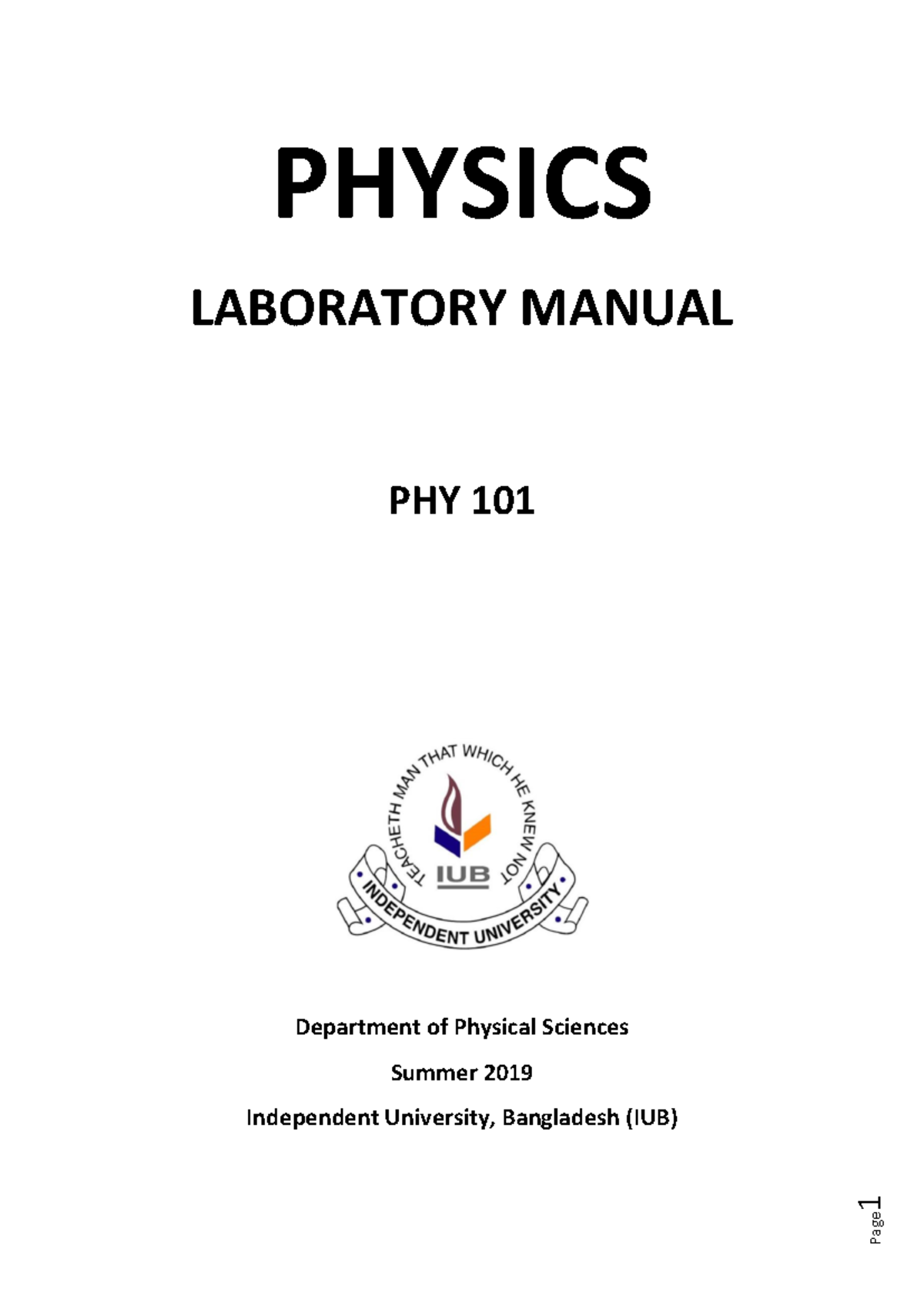 Lab Manual for PHY 101 L: Physics Laboratory Experiments and Guidelines ...