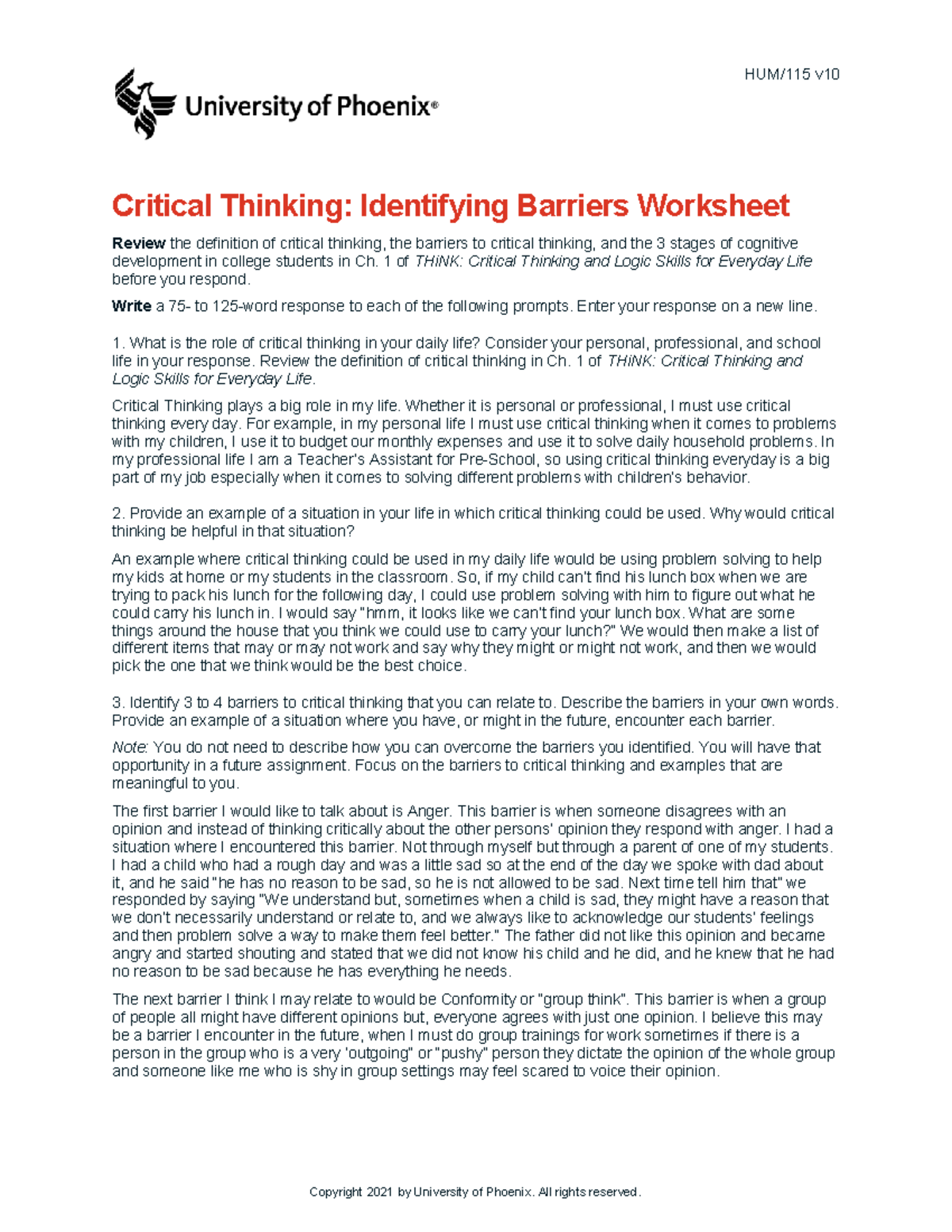 HUM/115: Critical Thinking Barriers Worksheet Response Guide - Studocu