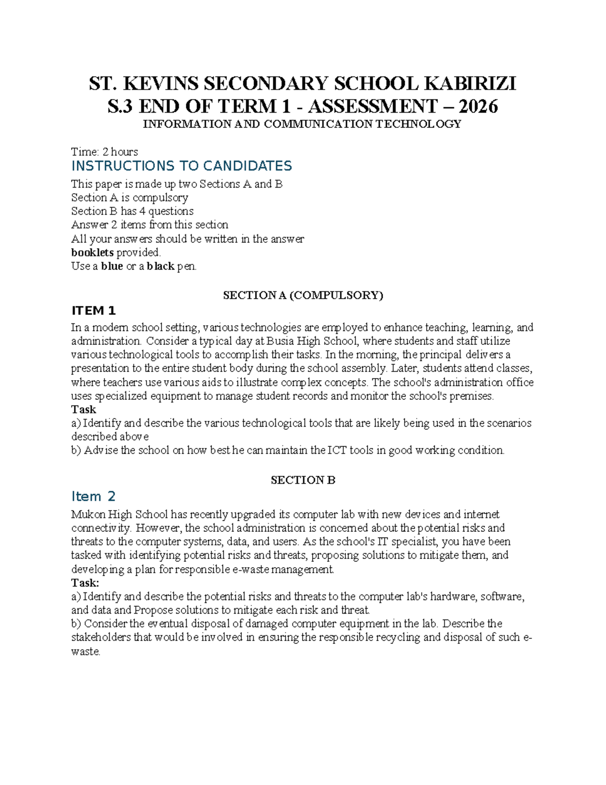 S.3 END OF TERM 1 ICT ASSESSMENT 2026 - ST. KEVINS SCHOOL - Studocu