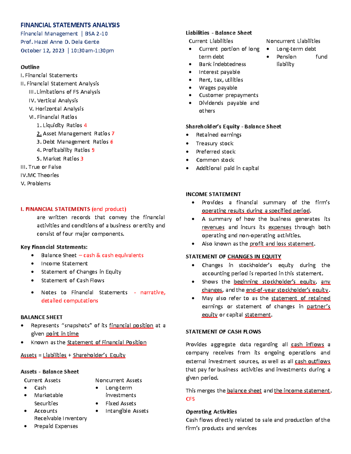 Financial Management Study: Financial Statements Analysis (BSA 2-10 ...