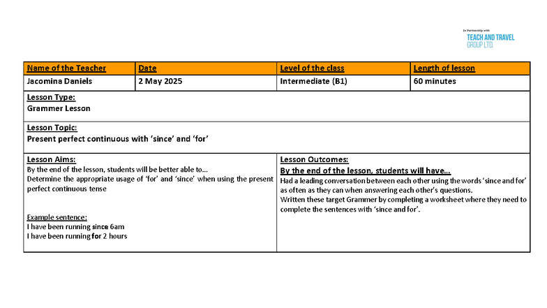 Intermediate B1 Grammar Lesson Plan: Present Perfect Continuous - Studocu