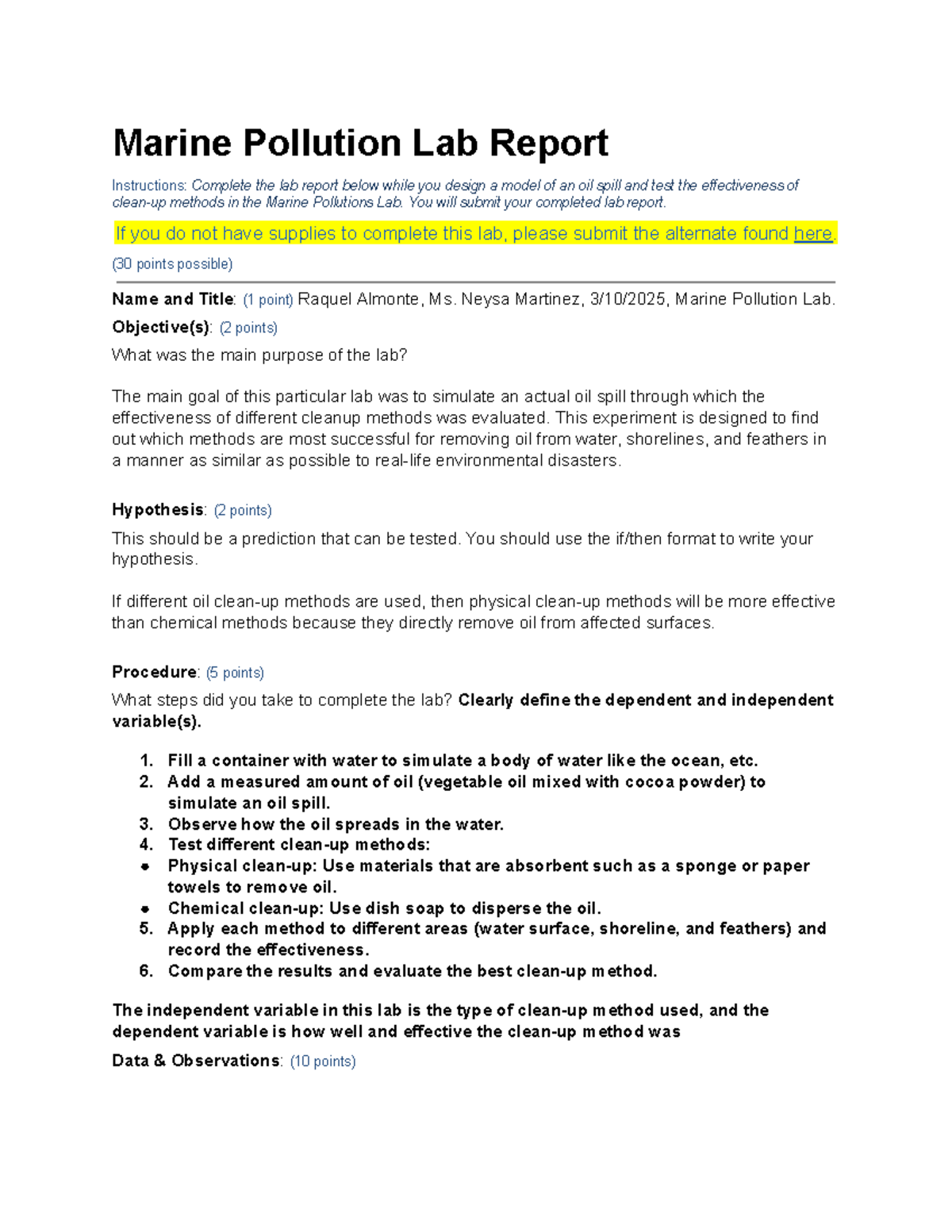 Marine Pollution Lab Report: Oil Spill Simulation & Cleanup Methods ...