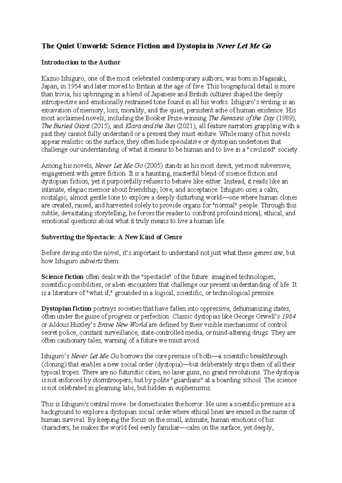 The Quiet Unworld: Sci-Fi & Dystopia in Kazuo Ishiguro's Never Let Me ...