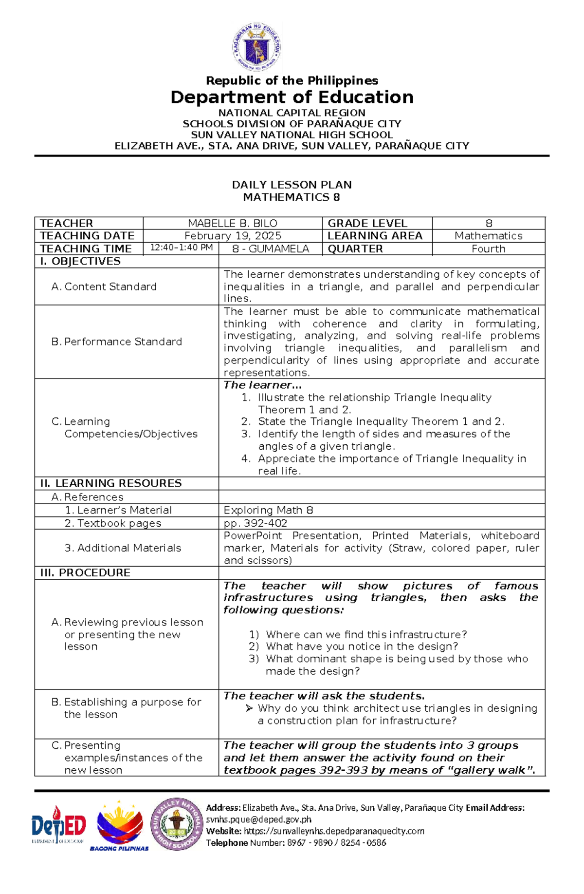 Mathematics 8 Daily Lesson Plan: Triangle Inequalities & Applications ...