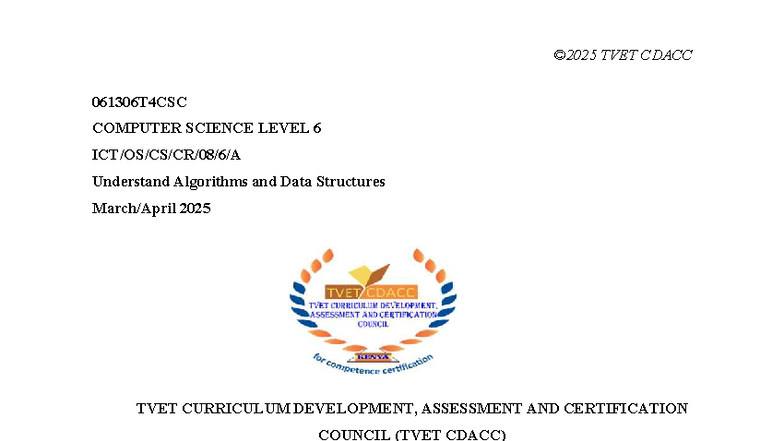 TVET CDACC 061306T4CSC Level 6 Practical Assessment: Algorithms & Data ...