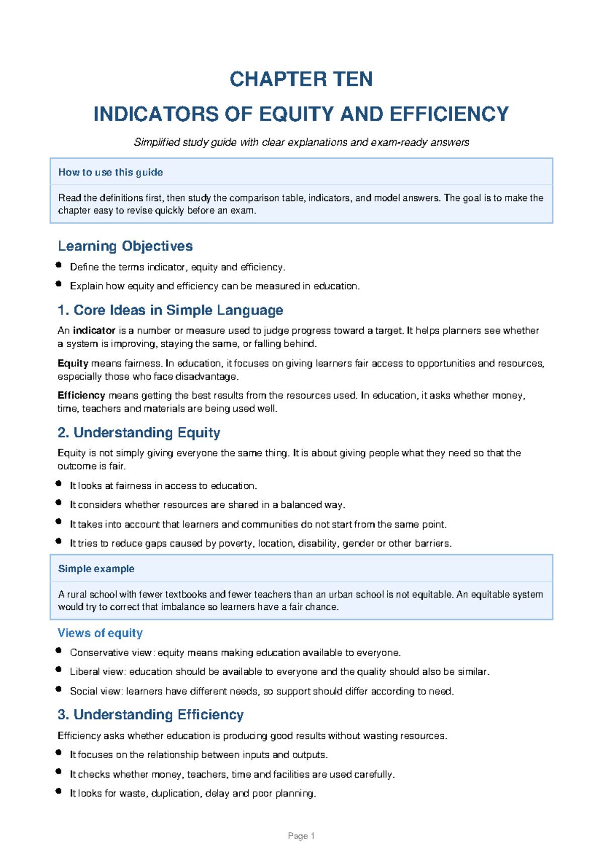 CHAPTER 10: INDICATORS OF EQUITY AND EFFICIENCY Study Guide - Studocu