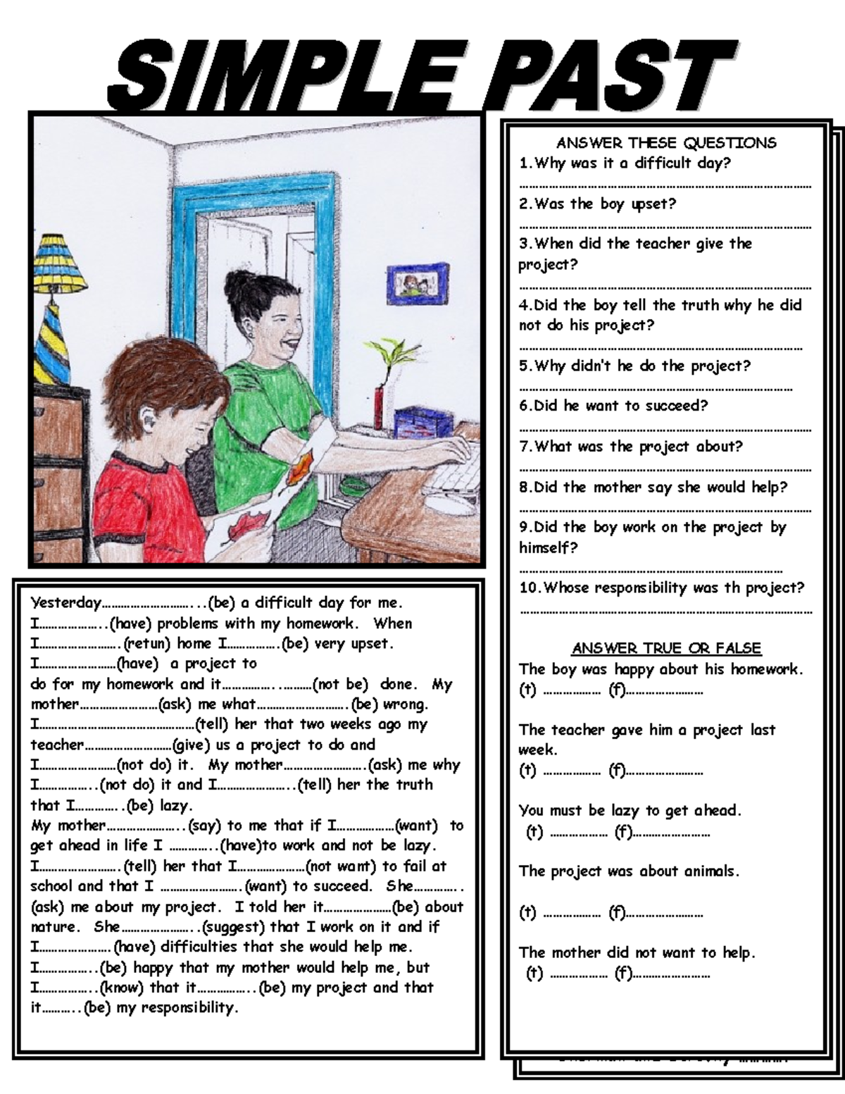 ENG 58146: Simple Past Grammar Drills & Reading Comprehension Exercises ...