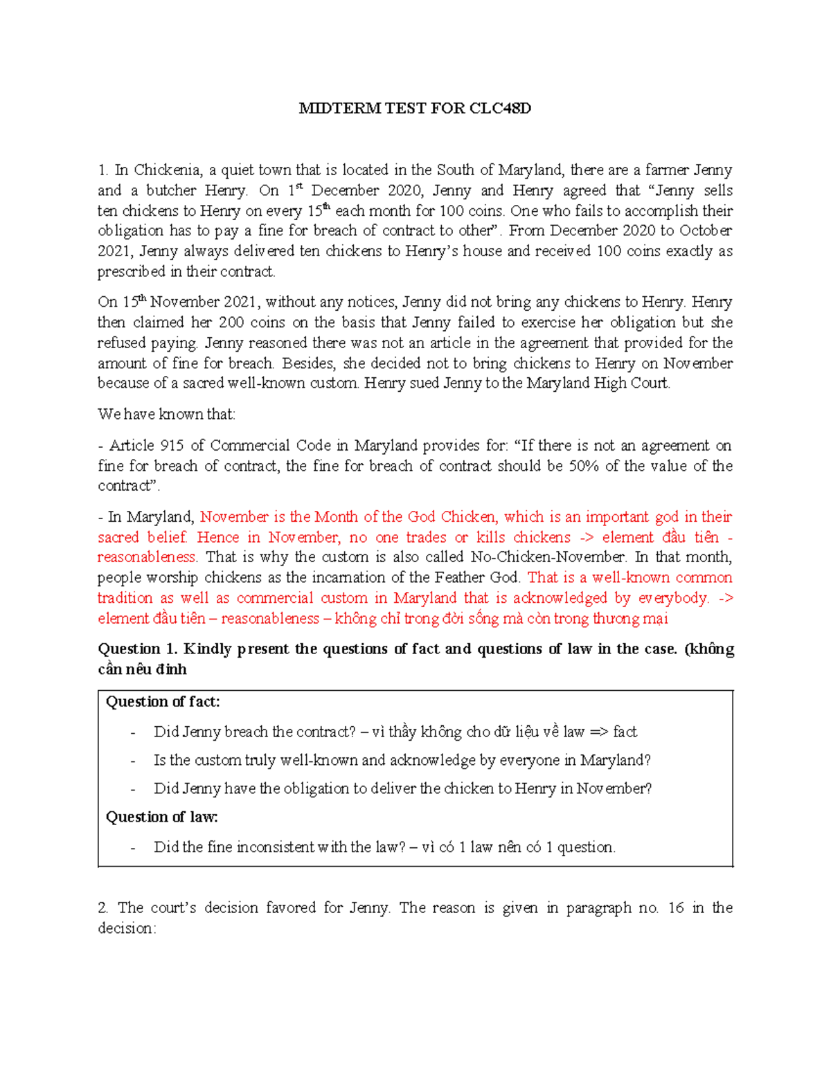Midterm Test Analysis: CLC48D Case Study on Customary Law - Studocu