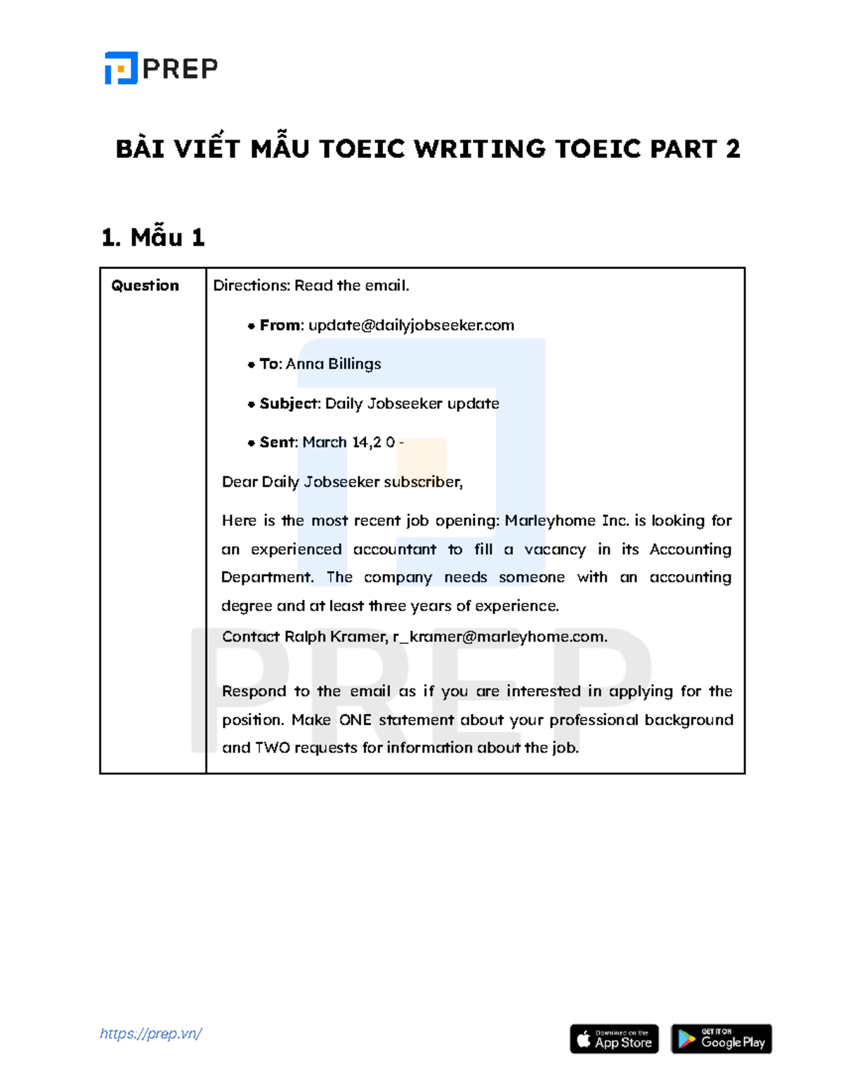 BÀI MẪU VIẾT EMAIL TOEIC WRITING PART 2 - [PREP] - Studocu