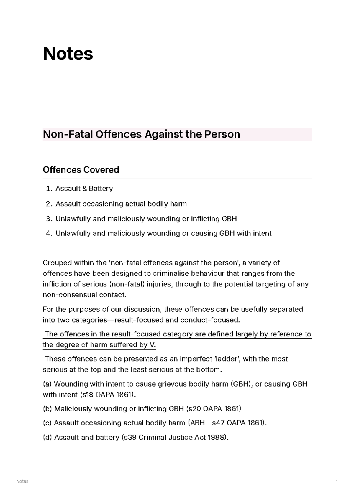 Oapa - Oapa - Notes Non-Fatal Offences Against the Person Offences ...