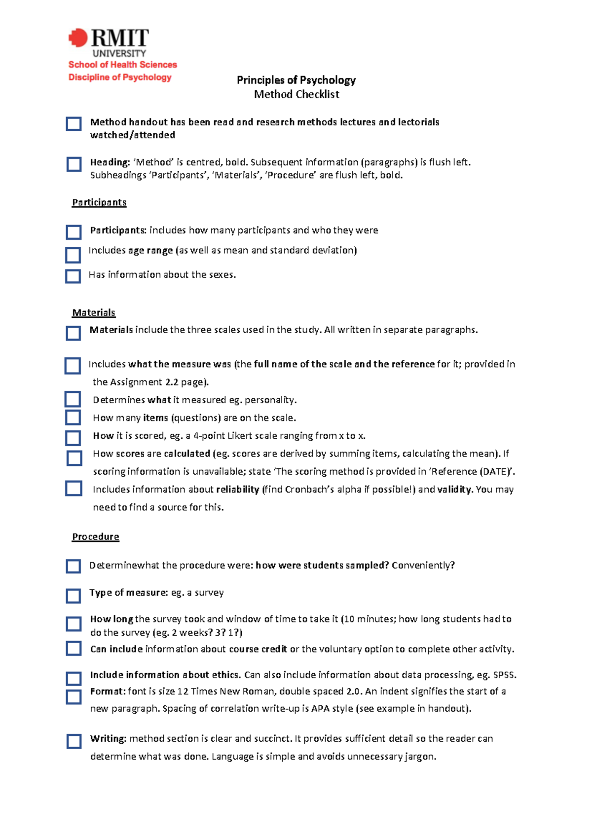 Lab Report Method Checklist - Principles of Psychology Method Checklist ...