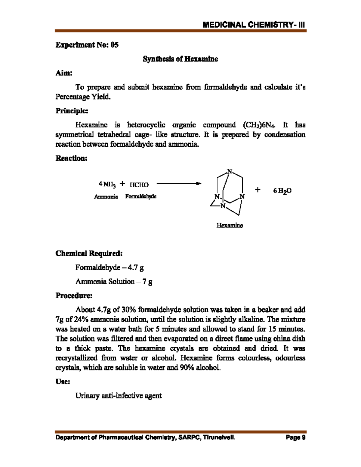 MEDICINAL CHEMISTRY Experiment No: 05 Synthesis of Hexamine - Studocu