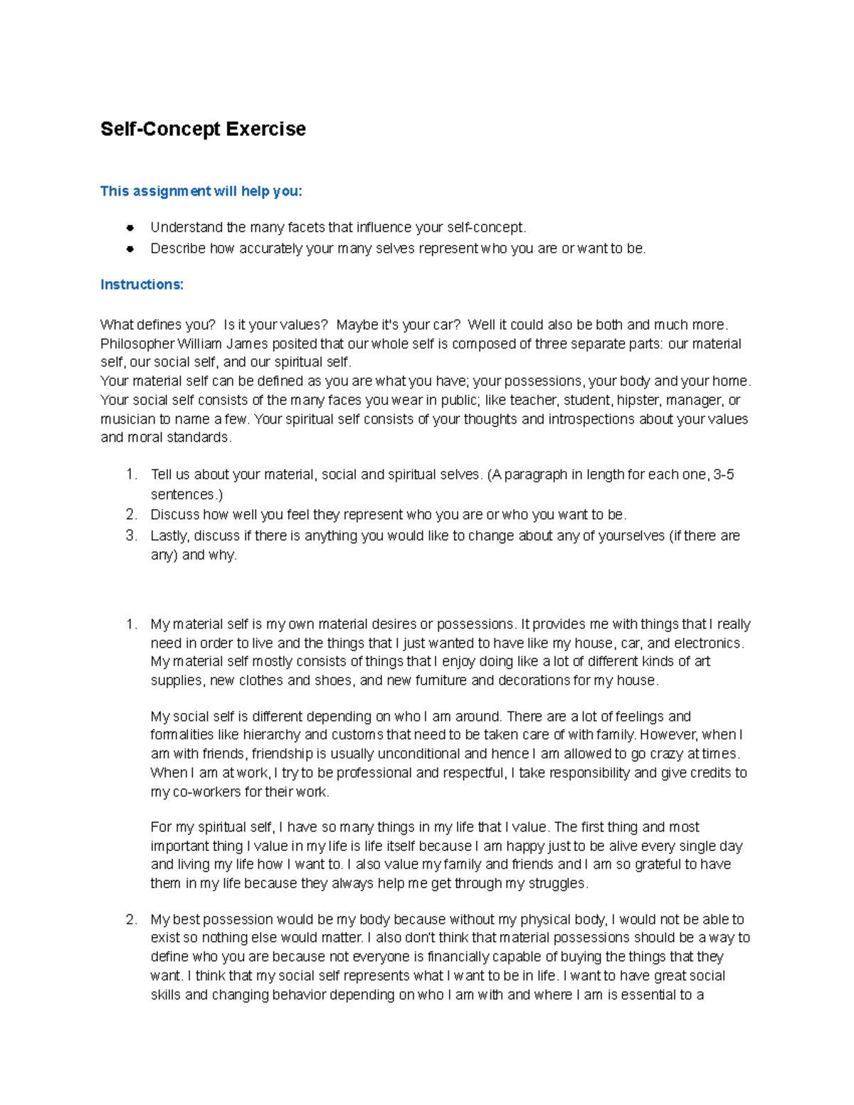 COMM 100 - Self-Concept Exercise - Self-Concept Exercise This ...