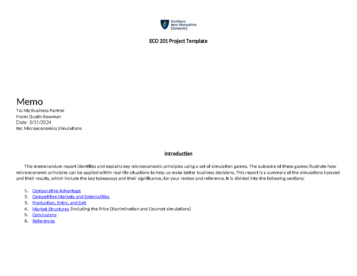 ECO 201 Project Final - ECO 201 Project Template Memo To: My Business ...