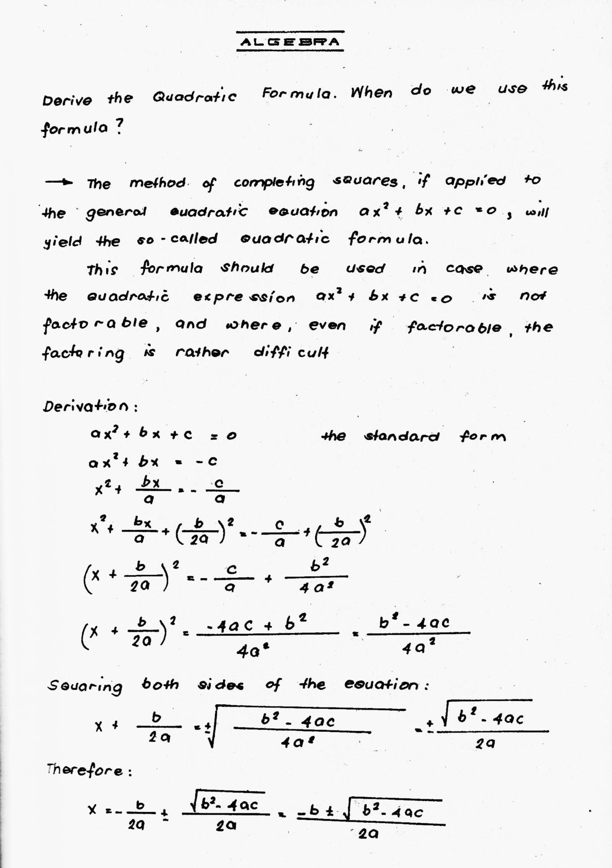 Algebra Solved Problems Notes - ALGEBRA Derive the Quadratic Formula ...