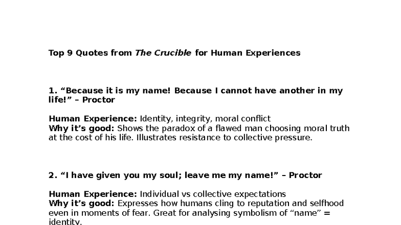 Top 9 Quotes from The Crucible: Human Experiences Analysis - Studocu