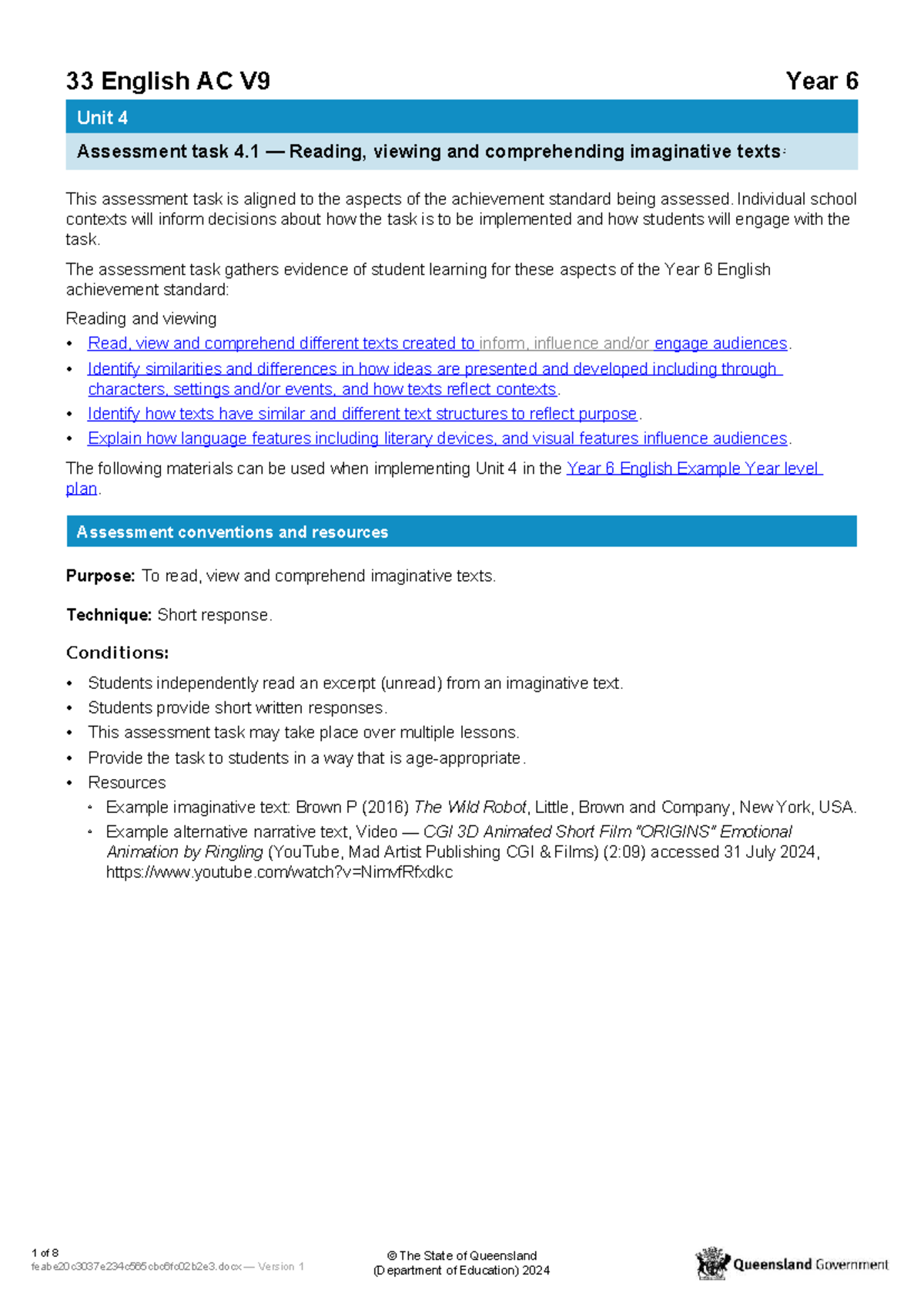 Eng V9 Y06 U4 AT4.1: Reading & Comprehending Imaginative Texts - Studocu