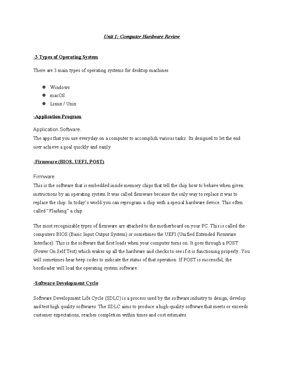 Unit 1: Computer Hardware & Software Overview - Key Concepts - Studocu