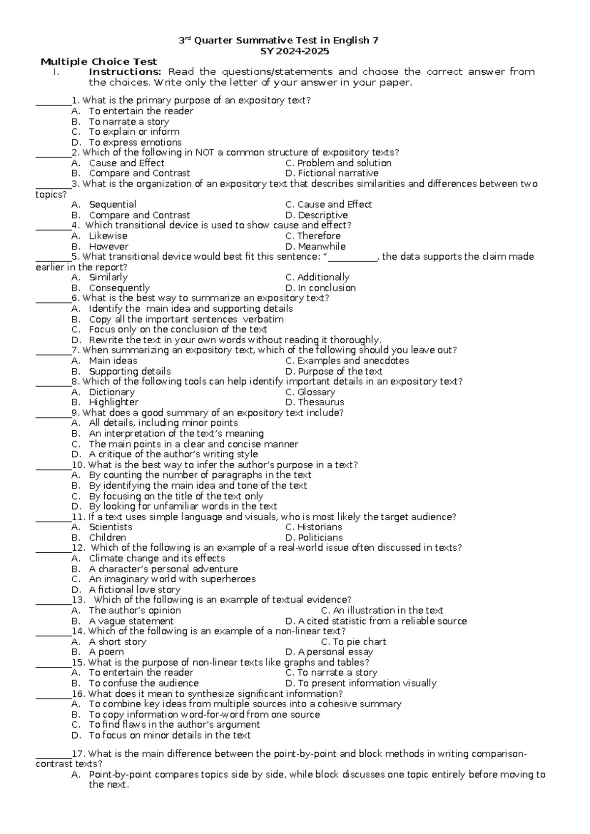 3rd Quarter Summative Test in English 7 - Instructions: Read the ...
