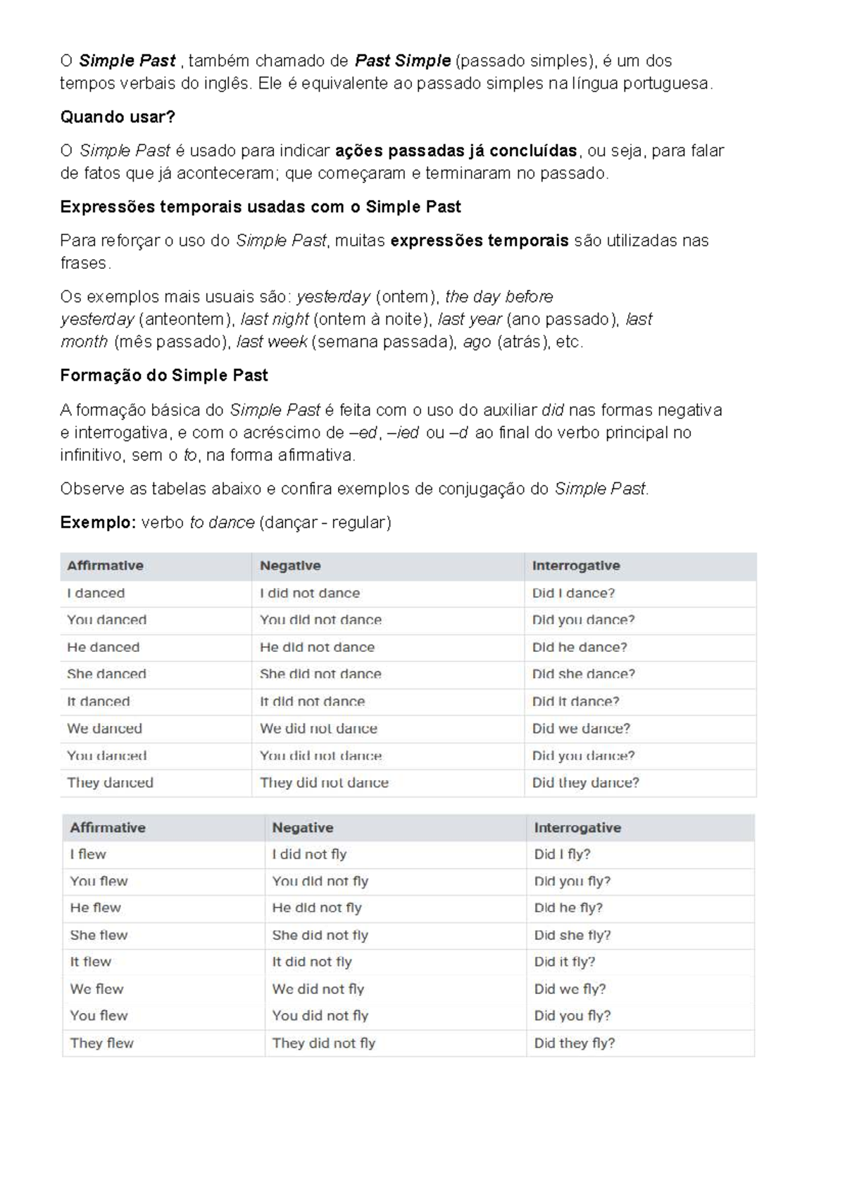 Simple Past: Uso, Formação e Exemplos - 2º Ano, 2º Semestre - Studocu
