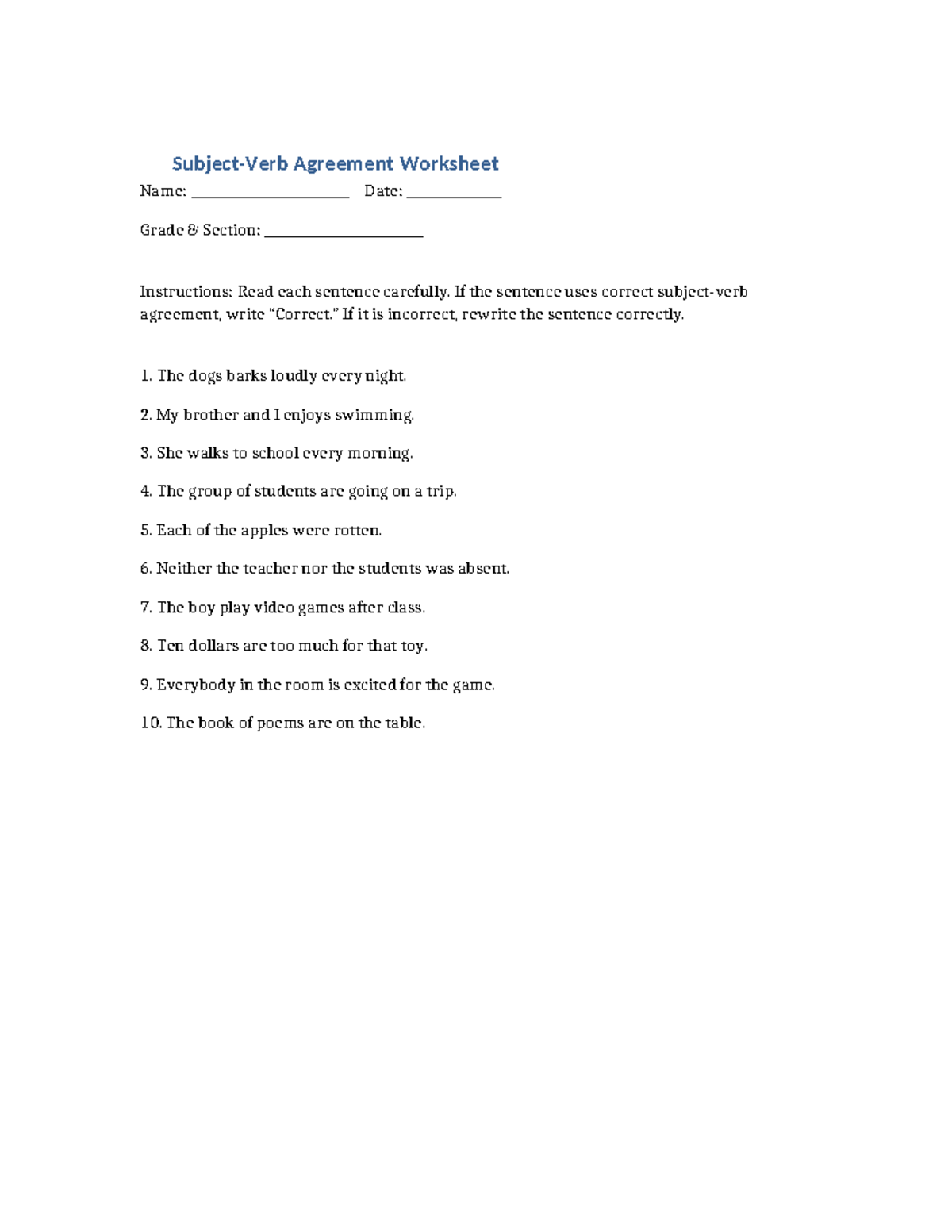 Subject-Verb Agreement Worksheet: Correcting Errors - Studocu