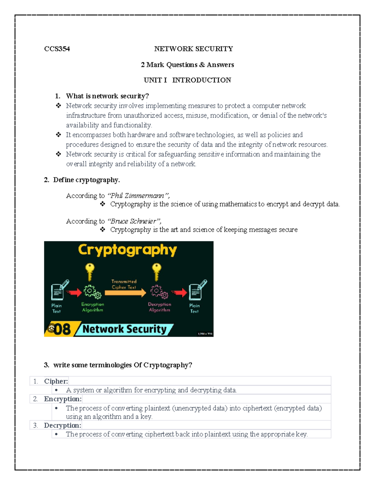 CCS354 Network Security 2 Mark Q&A - Key Concepts and Definitions - Studocu