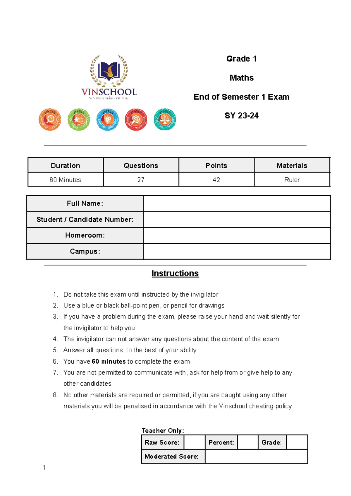 Grade 1 Maths EoS Exam SY - Questions & Instructions - Studocu