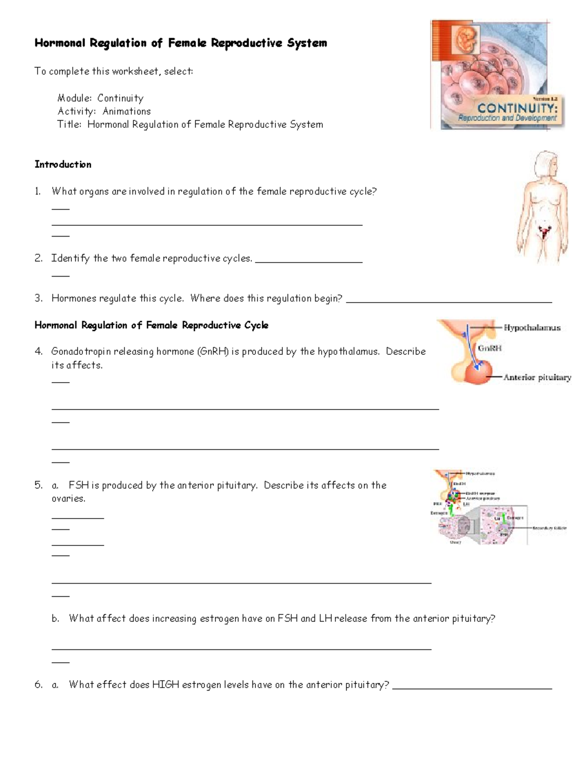 Bio291 Ch. 28 Worksheet: Hormonal Regulation in Female Reproduction ...