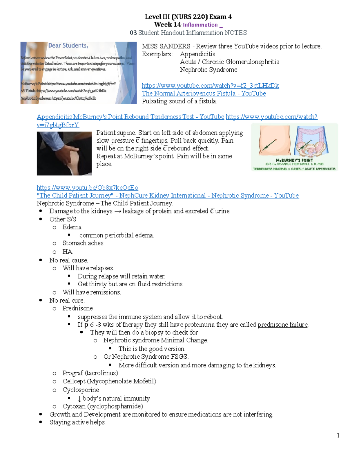 03 Student Handout Inflammation Notes - Week 14 Inflammation 03 Student ...