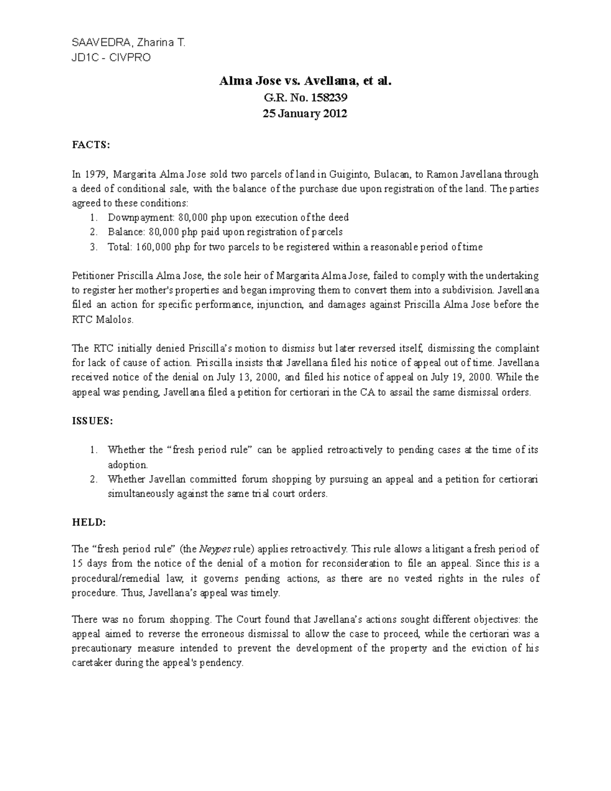 Alma Jose vs - Google Docs - SAAVEDRA, Zharina T. JD1C - CIVPRO Alma ...